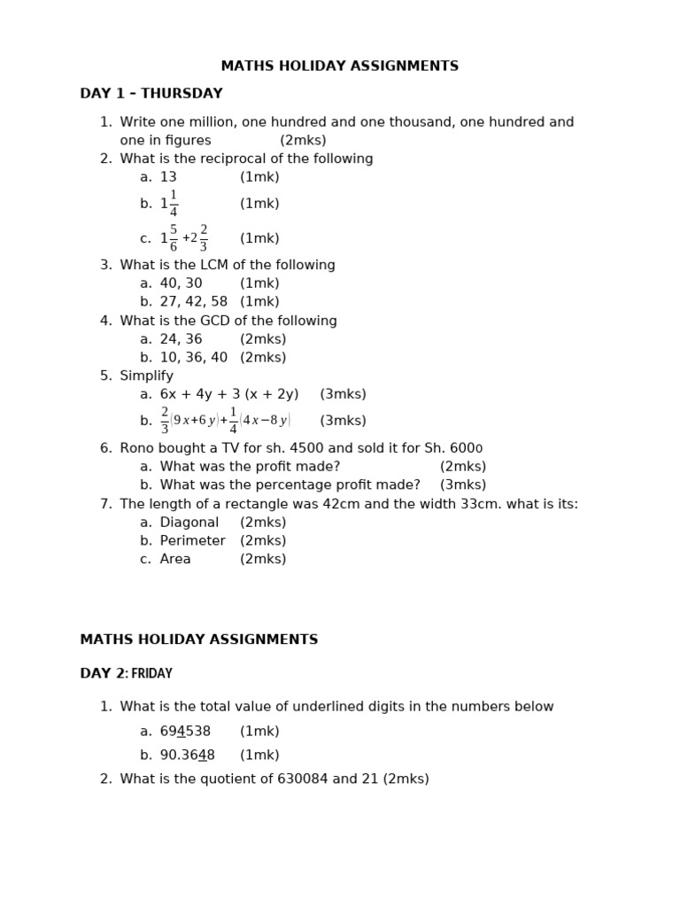 Maths Holiday Assignments Latest | PDF | Elementary Mathematics ...
