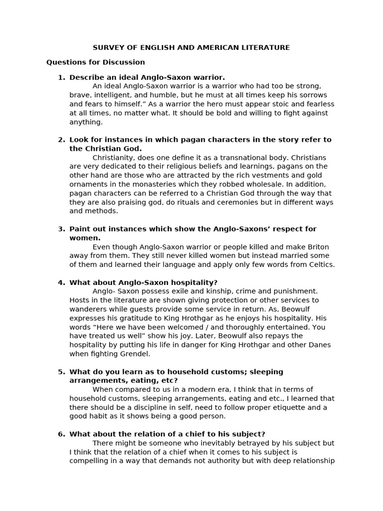 Anglo-Saxon Literature Discussion Guide | PDF | Beowulf | Anglo Saxons