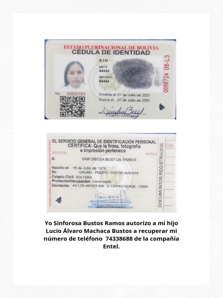 Autorización para recuperar número Entel | PDF