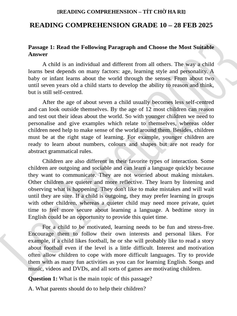 L P 10 - Reading Comprehension - 28 Feb 2025 | PDF | Reading ...