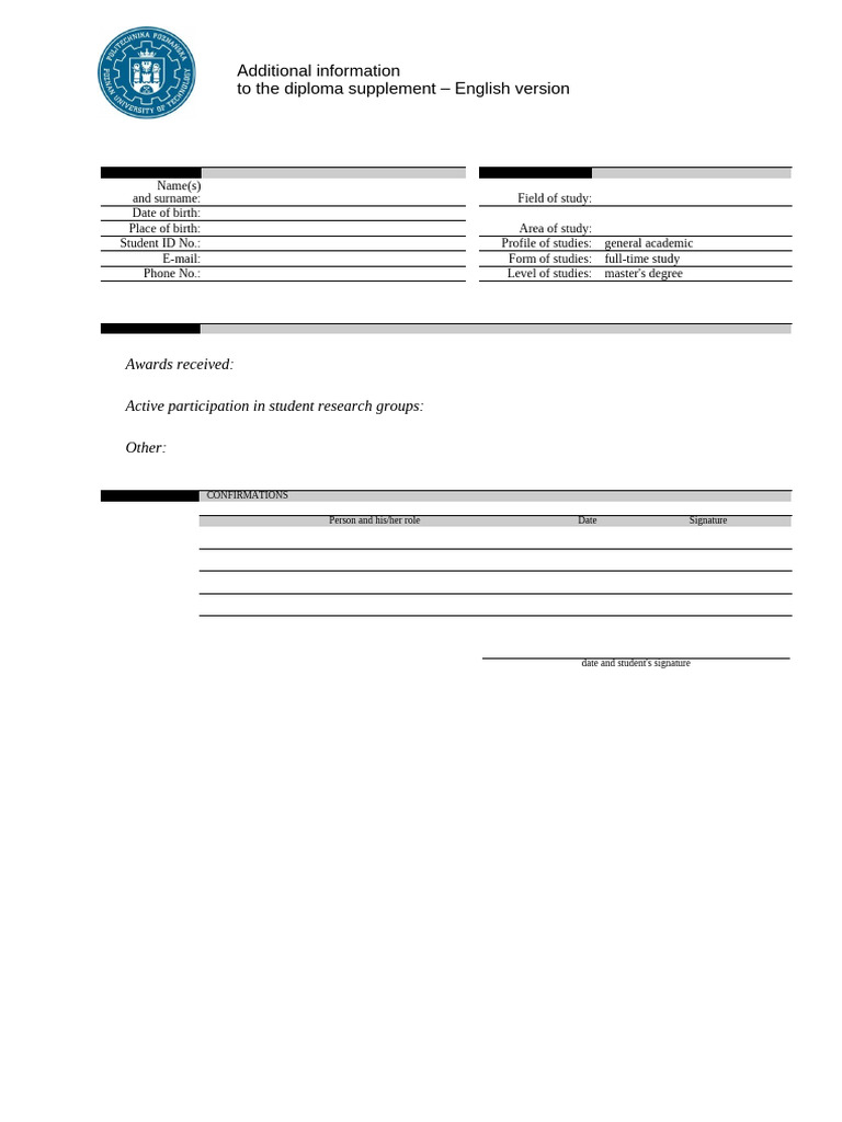 Diploma Supplement Template Sample | PDF