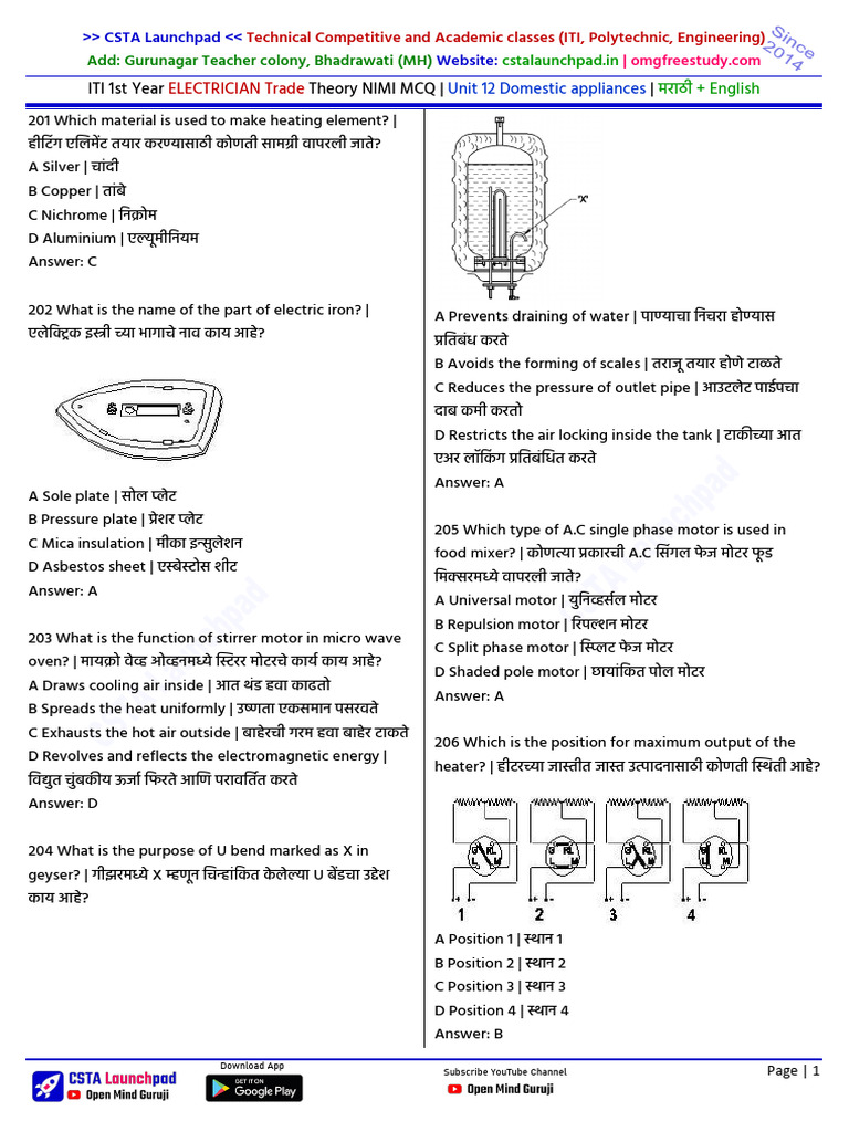 12-Domestic-appliances-ITI-1st-Year-Electrician-Theory-MCQ-Marathi | PDF