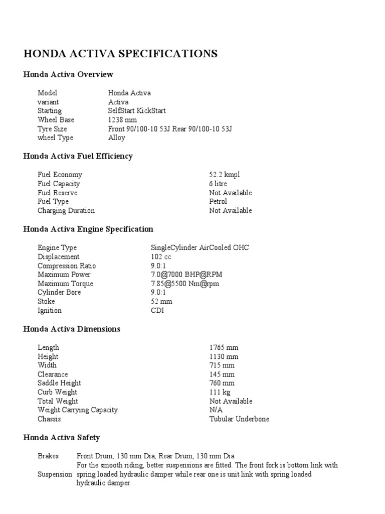 Honda Activa 102cc Specifications | PDF | Business | Computers