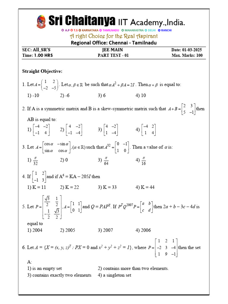 01-03-2025 - All SRS - Maths Jee Main Pattern - PT - 01 - Q.paper | PDF ...