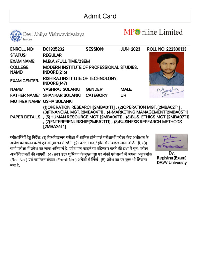 Yash Admit Card | PDF