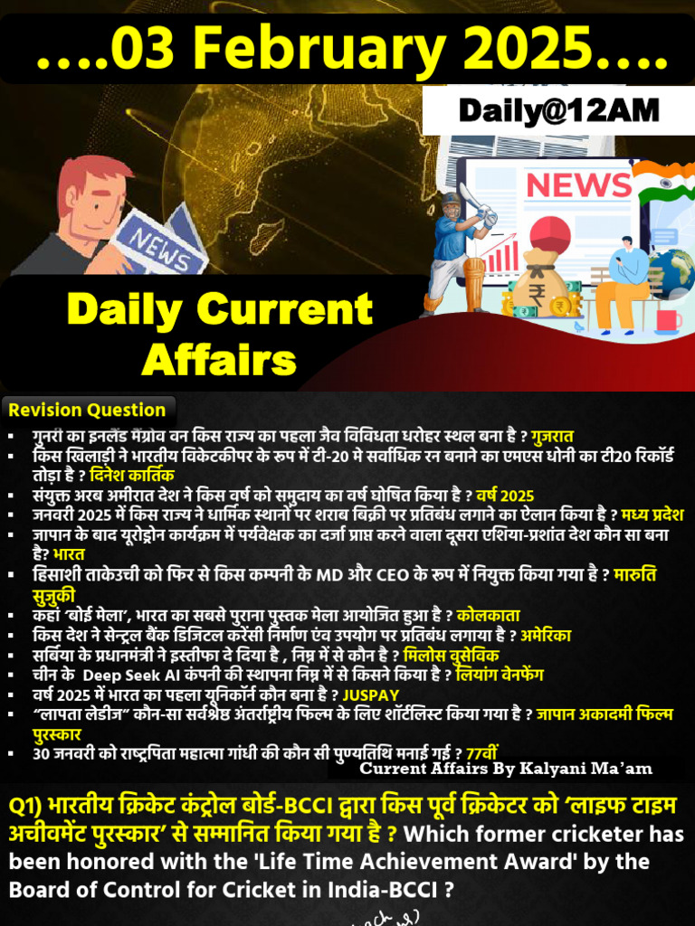 03 February 2025 Kalyani Mam Current Affairs | PDF