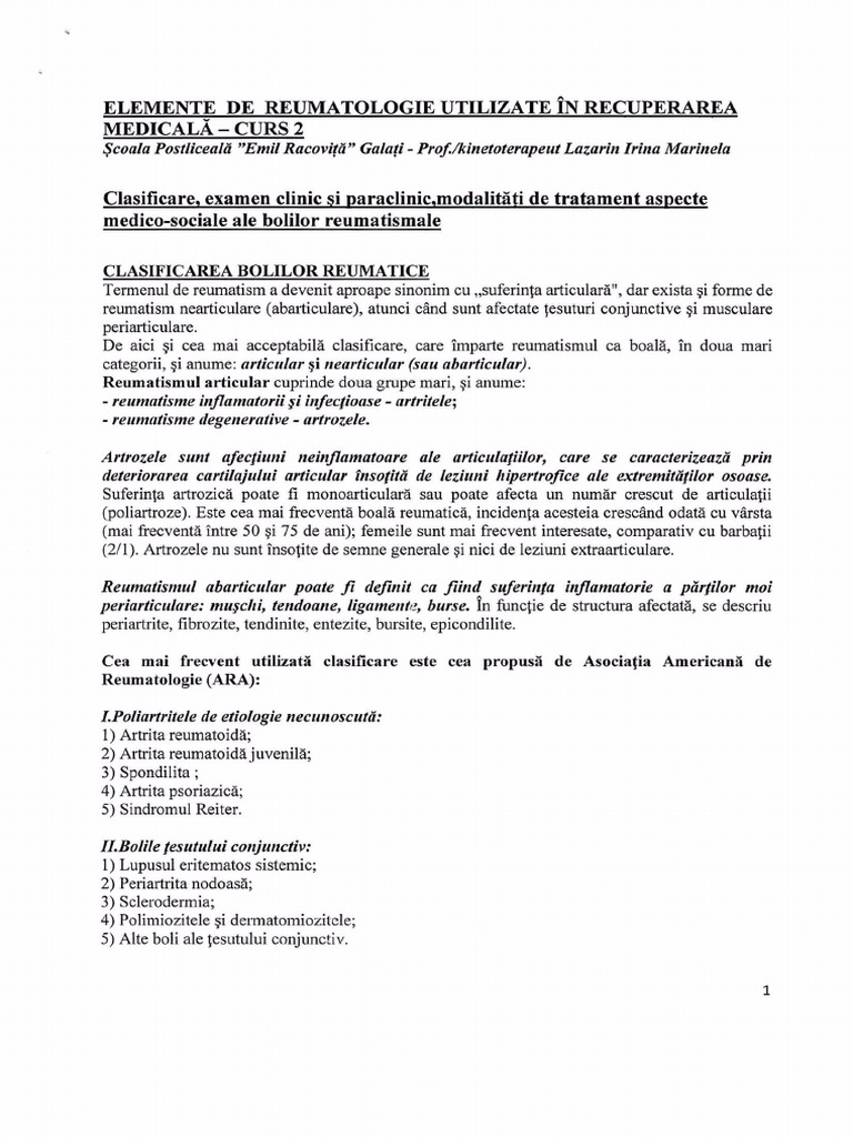 Elemente de Reumatologie Utilizate in Recuperarea Medicala Curs 2 | PDF