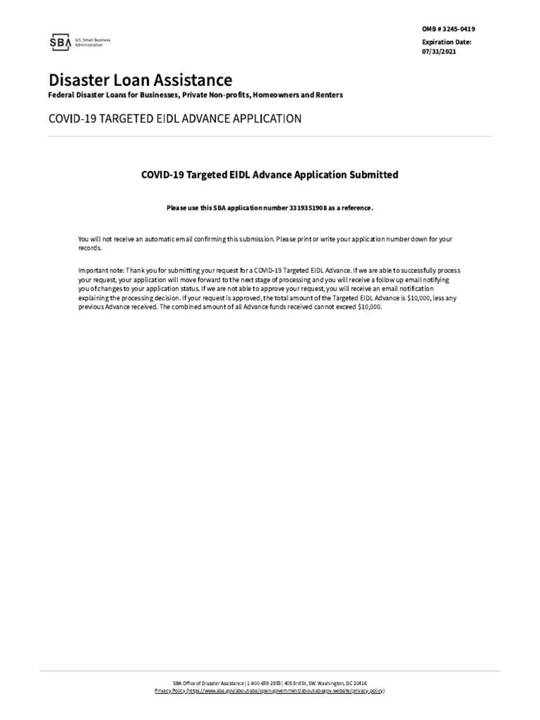 7a1dcf 486bf0 SBA Disaster Loan Assistance Targeted EIDL Application | PDF