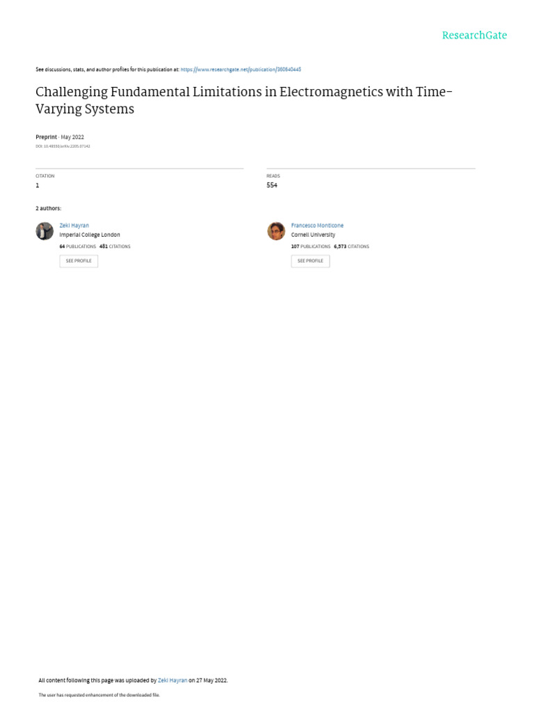 Monticone 2023 Challenging Fundamental Limitations in Electromagnetics With TV Systems | PDF ...