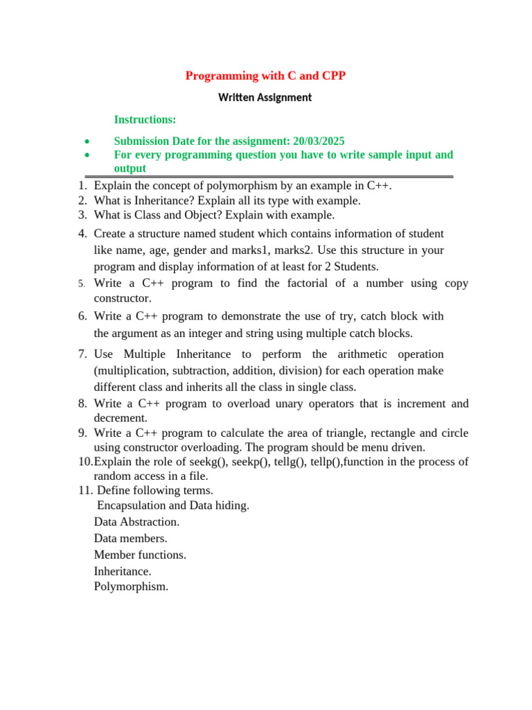 C and CPP Written Assignment-2025 | PDF