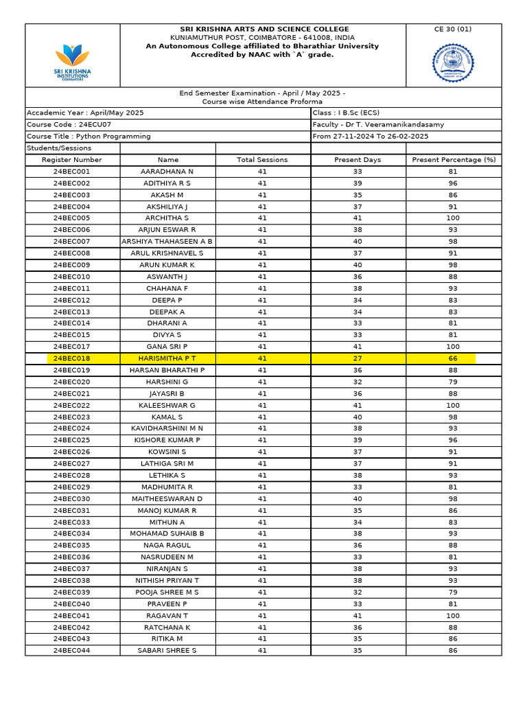 Attendance_Python Programming_27.11.24-26.02.25_ | PDF
