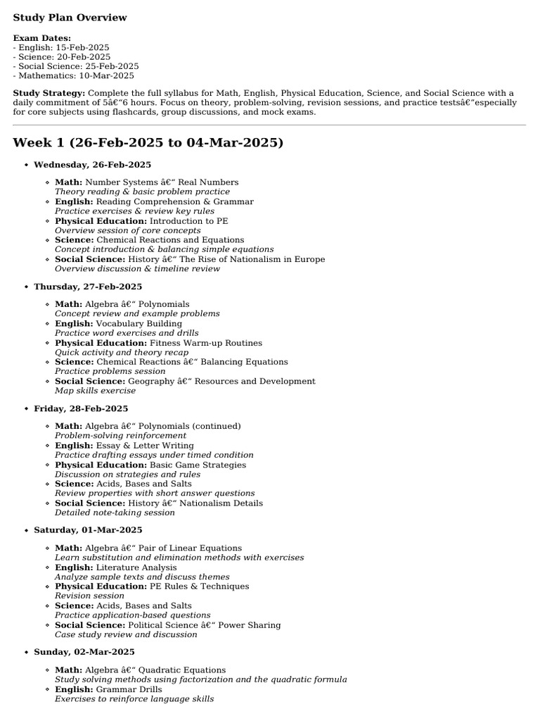 Final Study Plan 20250225 165151 | PDF | Mathematics | Algebra