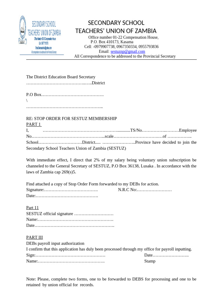 STOP ORDER FOR SESTUZ | PDF