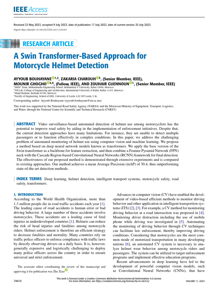 A Swin Transformer Based Approach For Motorcycle Helmet Detection Pdf Computer Vision Deep