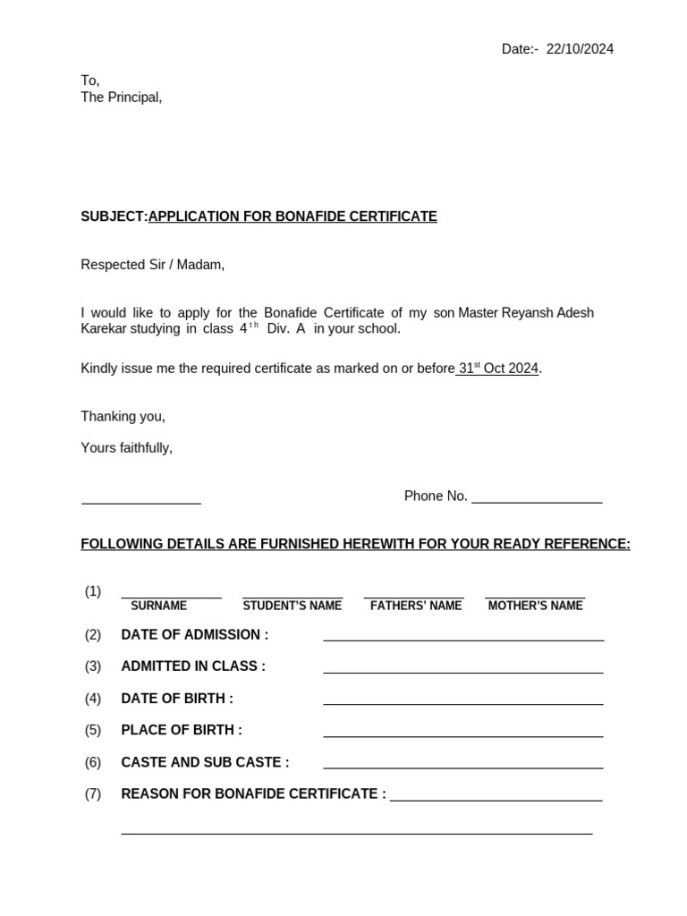 VVJ_Bonafied Certificate Form | PDF