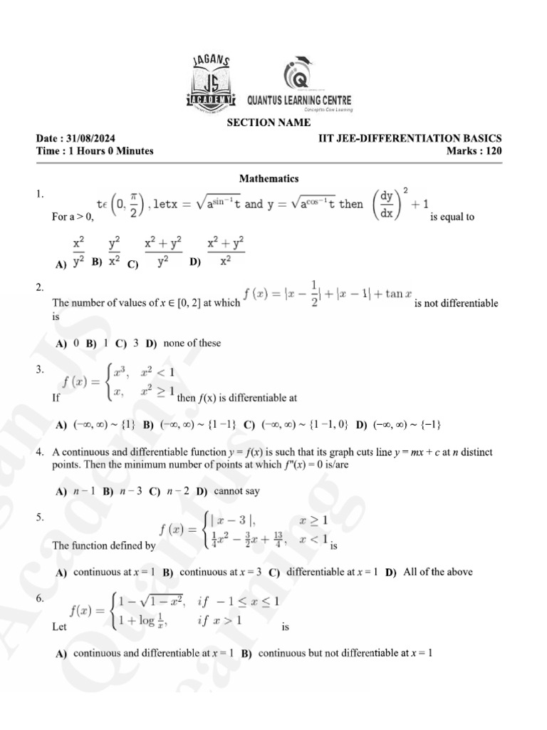 Iit Jee Differentiation QP - 125113 | PDF