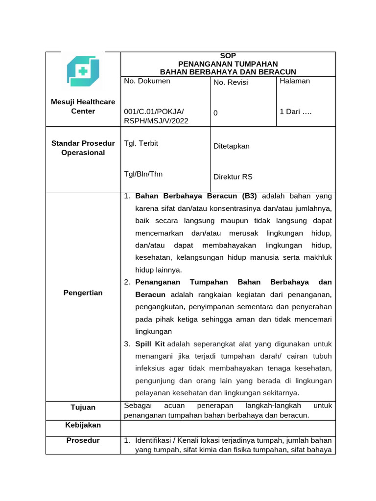 SOP PENANGANAN TUMPAHAN BAHAN BERBAHAYA DAN BERACUN-1 | PDF