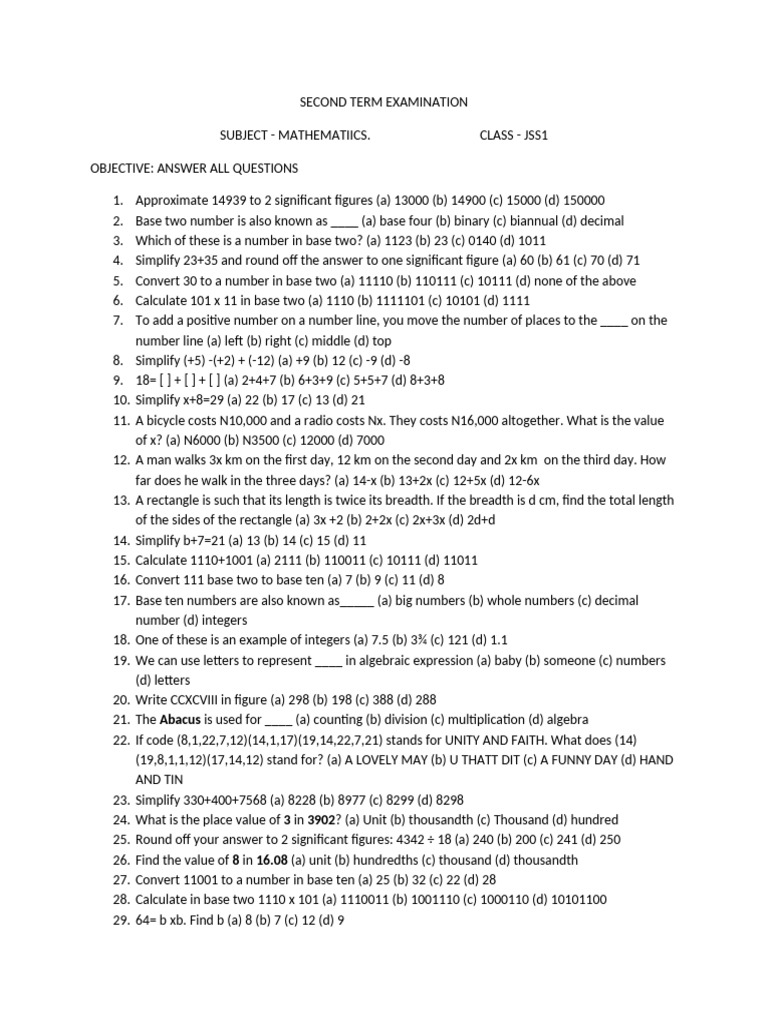JSS1 Second Term Math Exam Questions | PDF | Numbers | Decimal