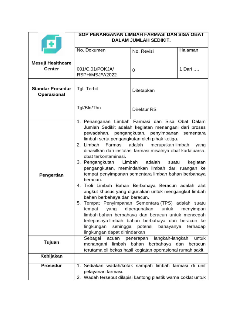 Sop Penanganan Limbah Farmasi Dan Sisa Obat Dalam Jumlah Sedikit | PDF