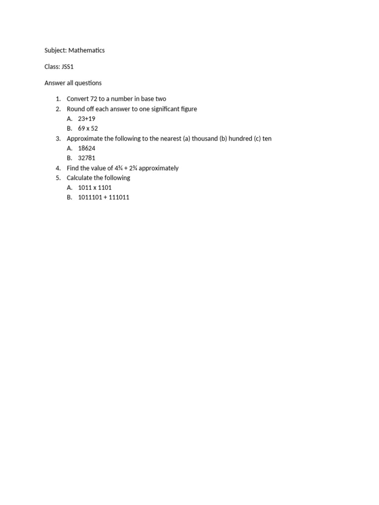 JSS1 Mathematics Quiz and Answers | PDF
