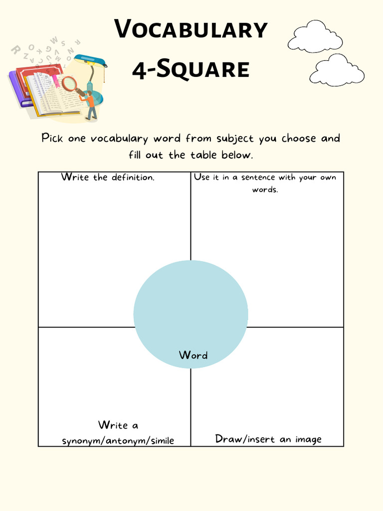 Yellow Basic Vocabulary 4-Square Worksheet For Students | PDF