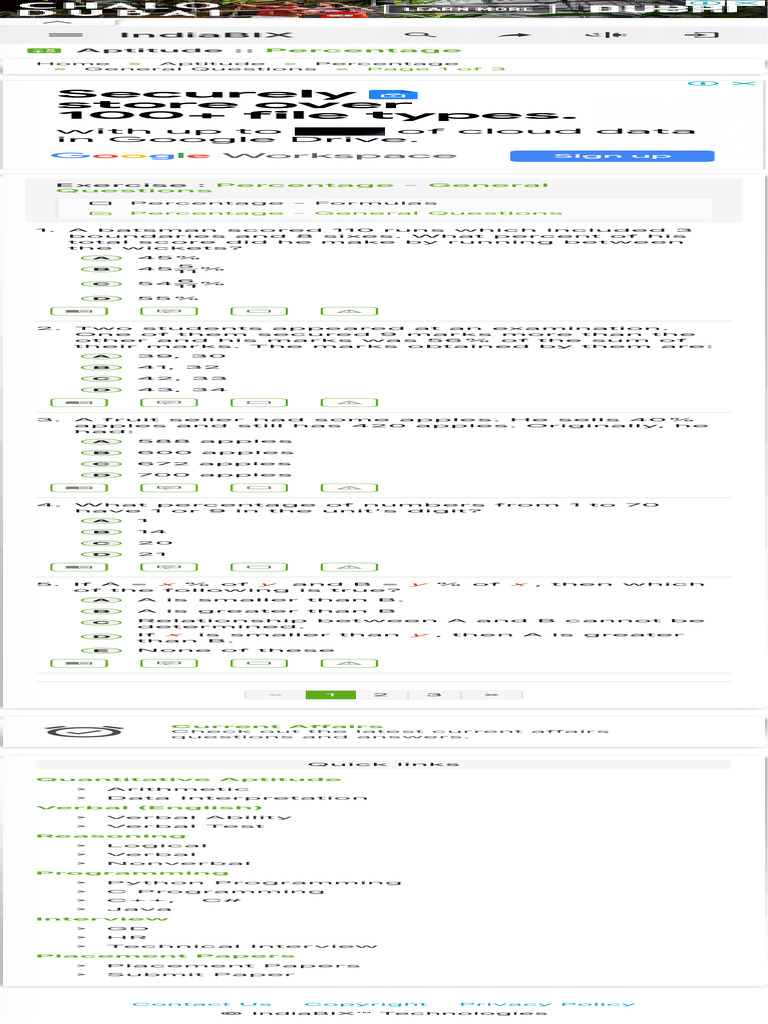 Percentage - Aptitude Questions and Answers | PDF