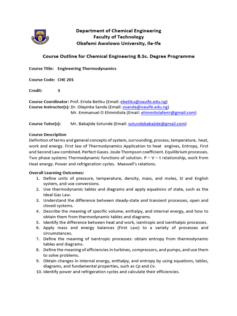 CHE 201: Engineering Thermodynamics Outline | PDF | Thermodynamics ...