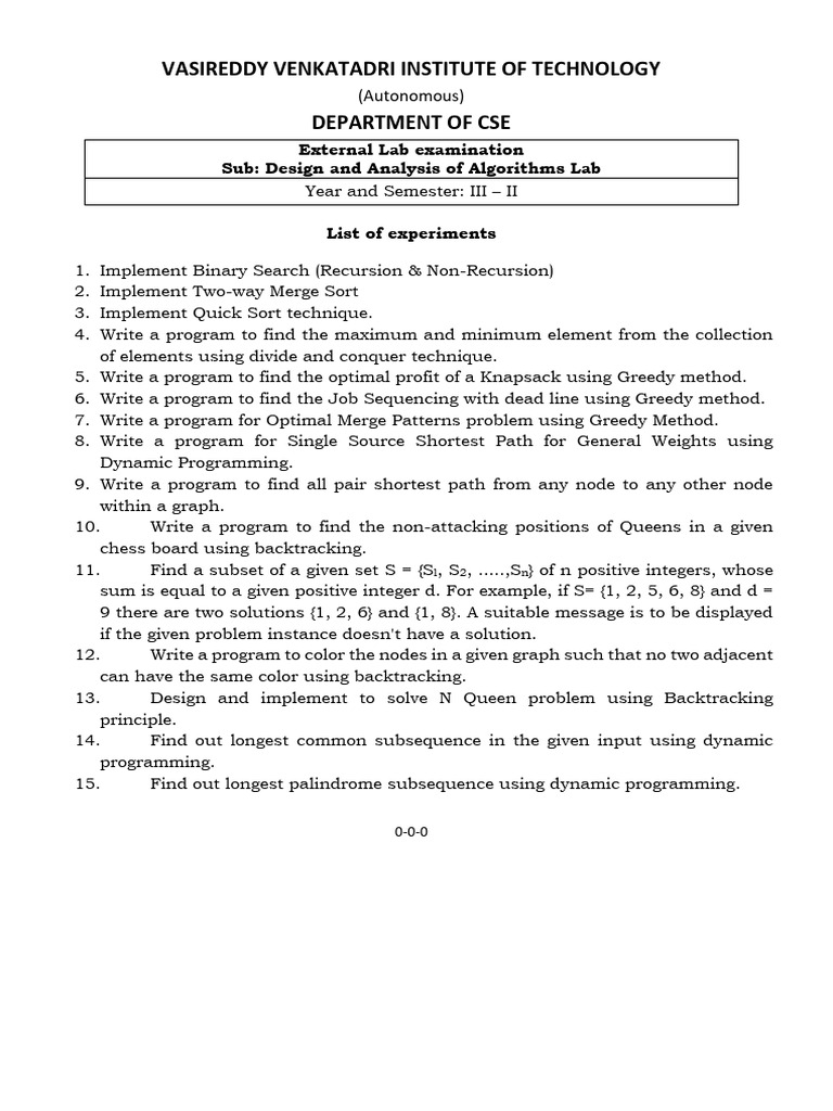 DAA Lab Syllabus R20 | PDF