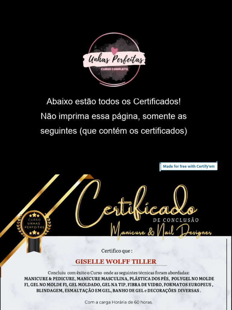 Certificate For Giselle Wolff Tiller For "Certificados - Curso Unhas ... " | PDF