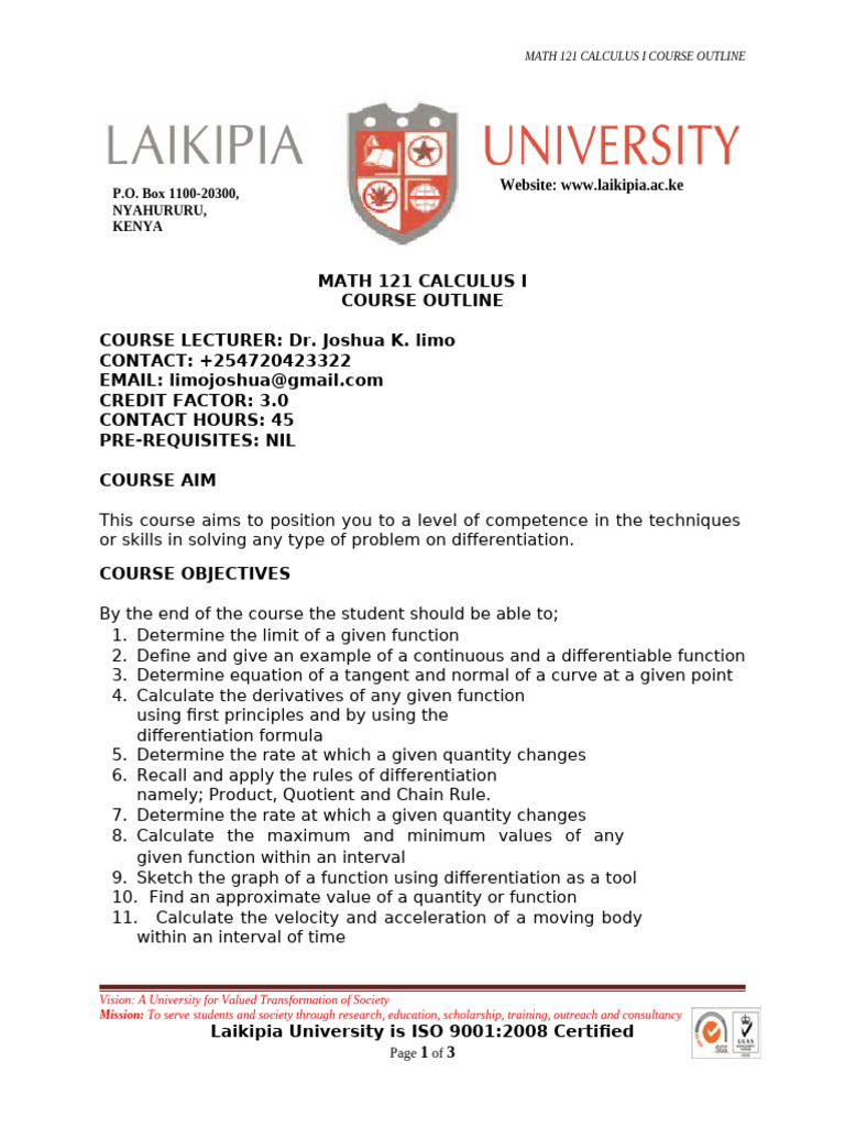 Math 121 Calculus I Course Outline | PDF | Derivative | Function ...
