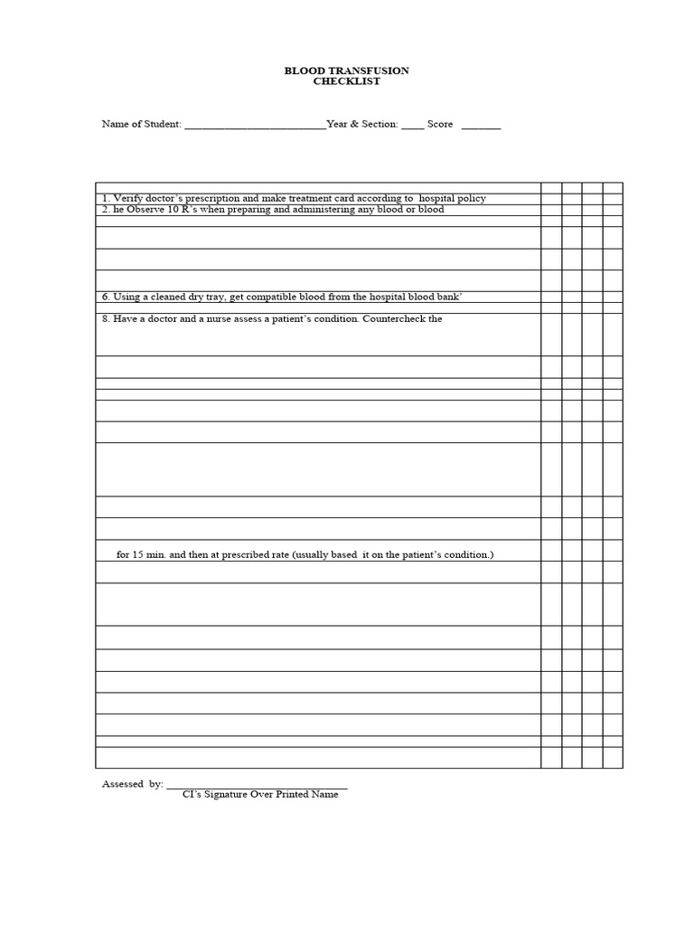 Blood Transfusion Checklist | PDF | Blood Transfusion | Intravenous Therapy