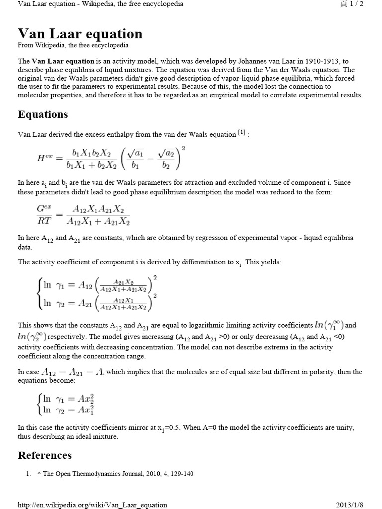 Van Laar Equation Jan 2013 | PDF | Physical Chemistry | Continuum Mechanics