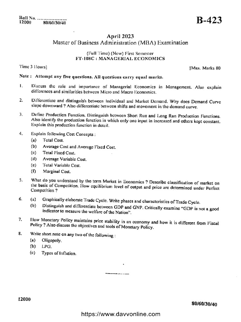 Mba 1 Sem Managerial Economics B 423 Apr 2023 | PDF