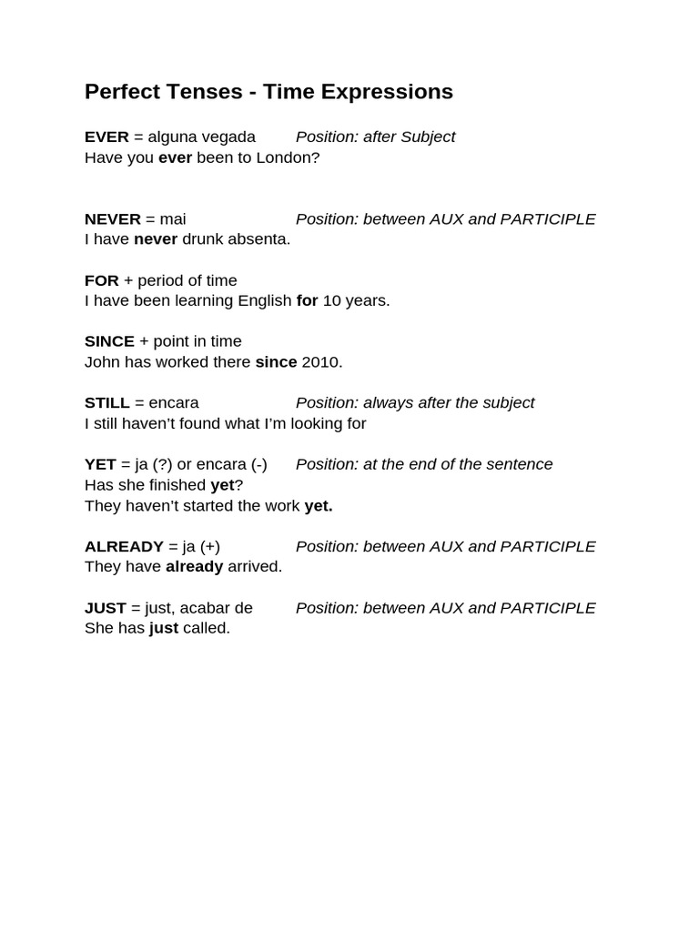 Perfect Tenses - Time Expressions BAT1 2 | PDF