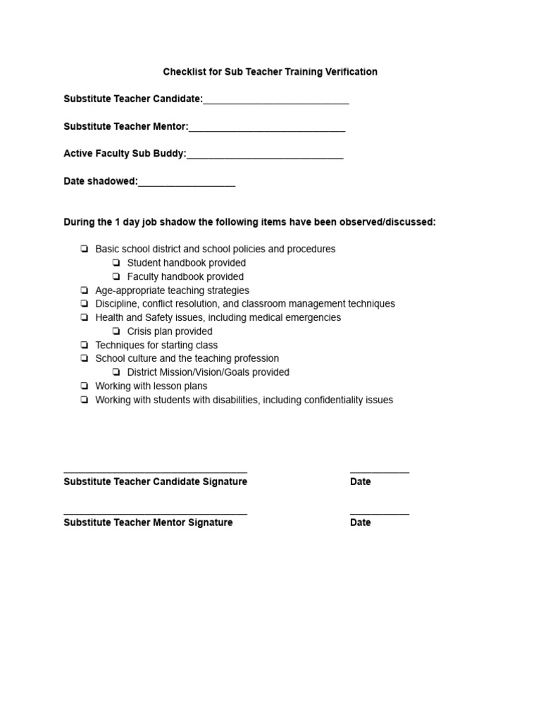 Substitute Teacher Training Checklist | PDF