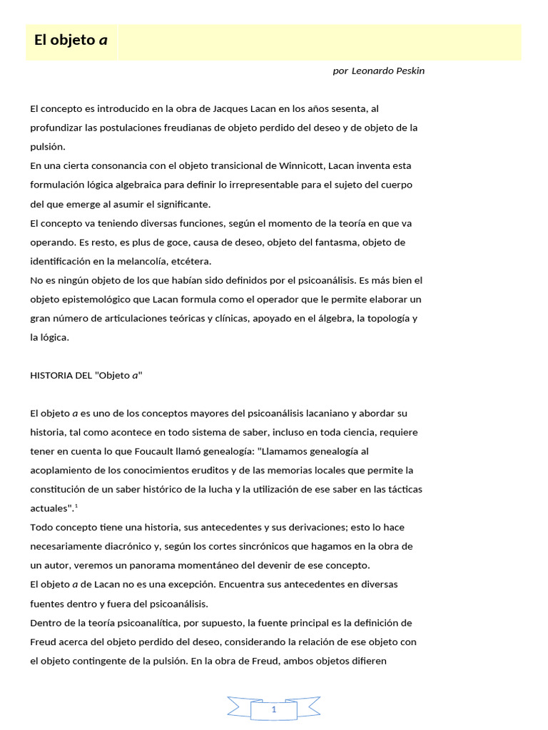 Historia y Concepto del Objeto a en Lacan | PDF | Jacques Lacan ...