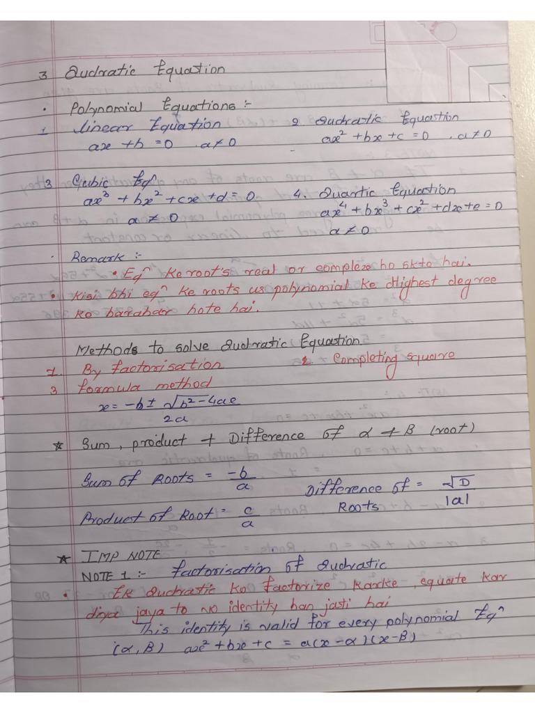 11th Quadratic Equations Notes | PDF