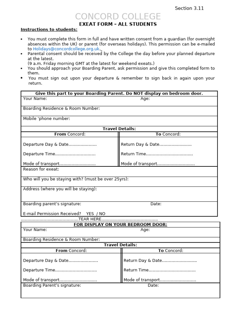 3.11 Exeat Form - All Students 2 | PDF