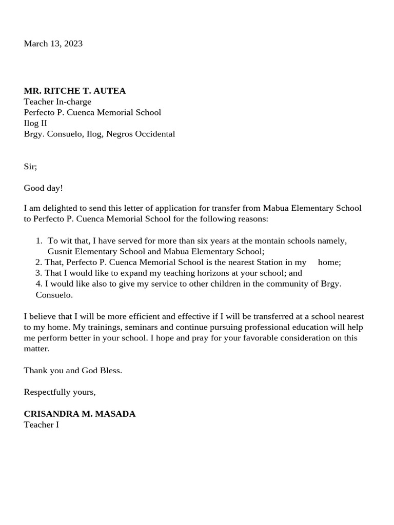 Letter of Intent To Transfer | PDF