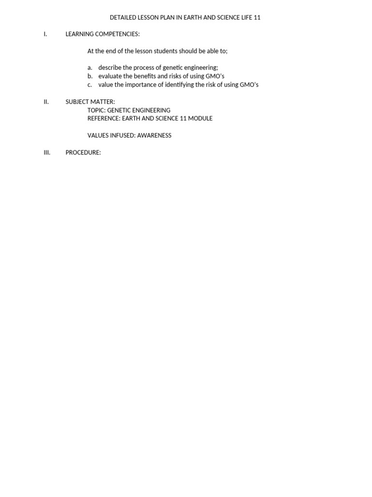 Genetic Engineering Lesson Plan | PDF | Learning | Psychological Concepts