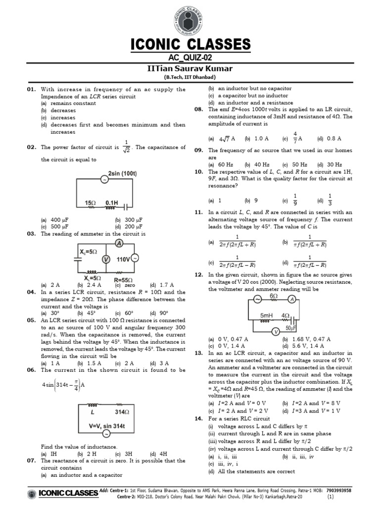 Ac - Quiz-02 - 19-10-2024 | PDF | Electrical Network | Inductor