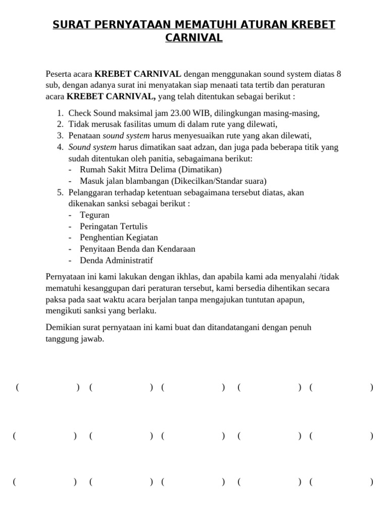 Surat Pernyataan Mematuhi Aturan Krebet Carnival | PDF