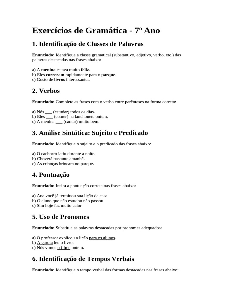 Exercícios de Gramática para 7º Ano | PDF | Assunto (gramática ...