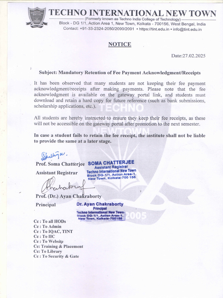 Notice For Mandatory Retention of Fee Payment Acknowledgment or ...