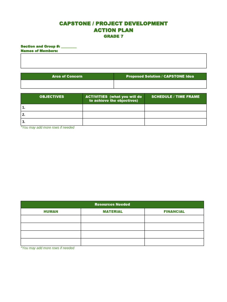 Grade 7 Capstone Action Plan | PDF