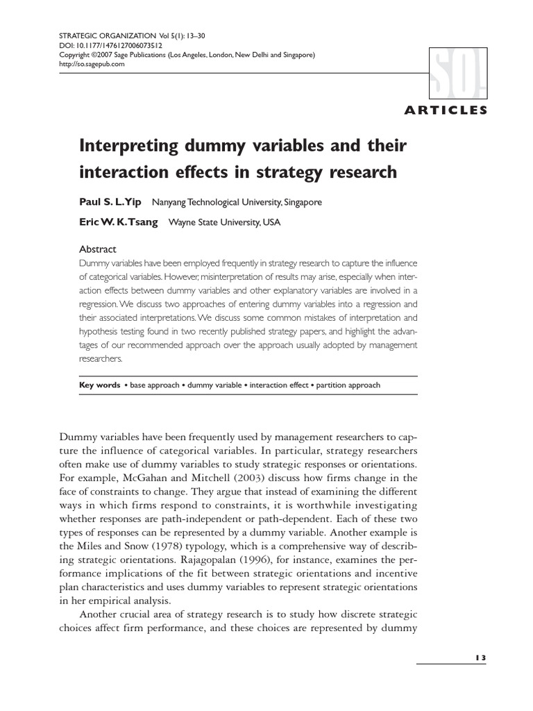 Yip Tsang 2007 Interpreting Dummy Variables and Their Interaction Effects in Strategy Research ...