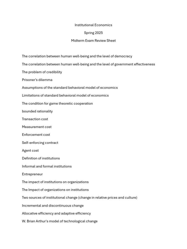 Midterm Exam Review Sheet | PDF | Institution | Economies