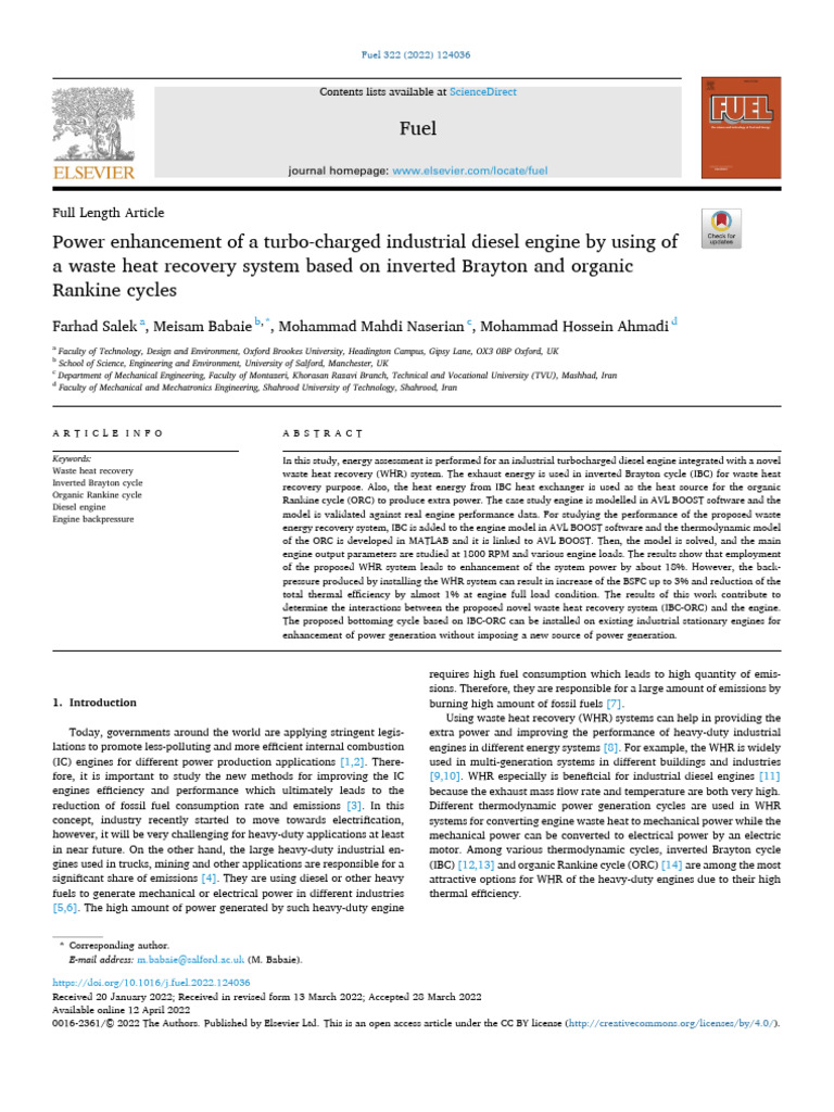 Power Enhancement of a Turbo-charged Industrial Diesel Engine by Using of Waste Recovery System ...