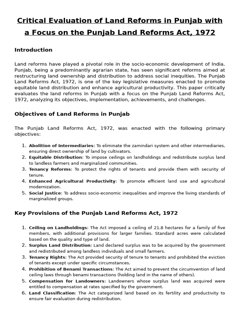 Critical Evaluation of Land Reforms in Punjab With | PDF | Leasehold ...
