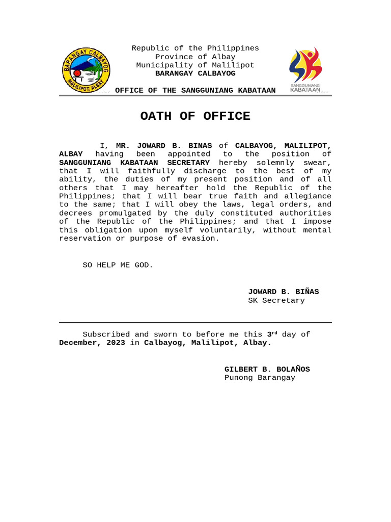 Oath of Office Secretary Treasurer | PDF